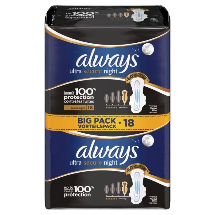 Always Ultra Secure Night Grand Pack de 18 Serviettes Hygiéniques avec ...